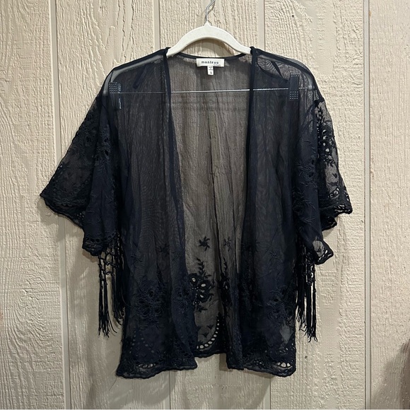 Monteau | Sweaters | Monteau Black Sheer Kimono With Fringe | Poshmark